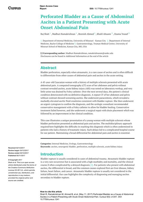 Pdf Perforated Bladder As A Cause Of Abdominal Ascites In A Patient
