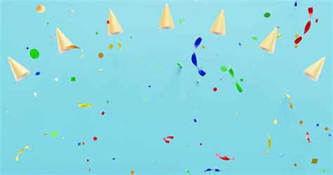 Birthday떨어지는 화려한 색종이와 모자 콘 파란색 배경에 3d 렌더링 0명에 대한 스톡 사진 및 기타 이미지 0명 3