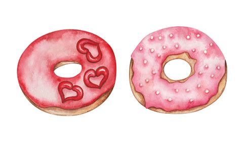 수채화 그림입니다 손으로 그린 빨간색과 분홍색 도넛에 착빙 스프링클 설탕 하트가 있습니다 달콤한 음식 카페 레스토랑을위한 디저트 도넛 갈색에 대한 스톡 벡터 아트 및 기타