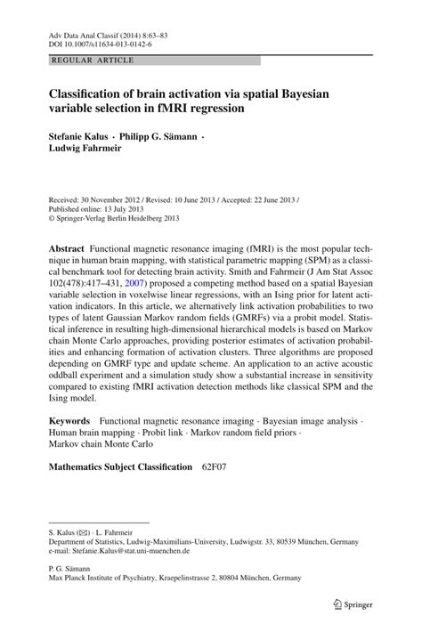 Pdf Classification Of Brain Activation Via Spatial Bayesian Variable