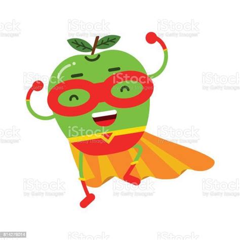 마스크와 노란색 케이프 다채로운 슈퍼 히어로 애플 웃 고 귀여운 만화 Humanized 과일 문자 벡터 일러스트 레이 션 건강한 생활방식에 대한 스톡 벡터 아트 및 기타