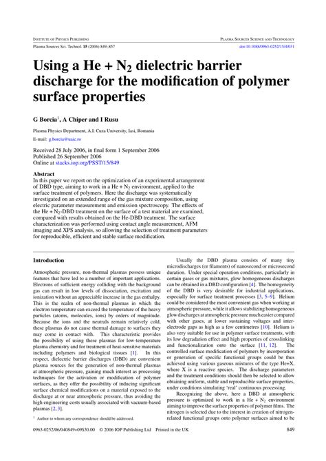 Pdf Using A He N2 Dielectric Barrier Discharge For The Modification