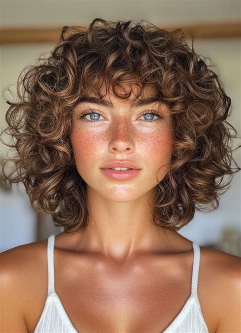 32 Medium Length Curly Hairstyles Sun Kissed Curly Bob With Bangs