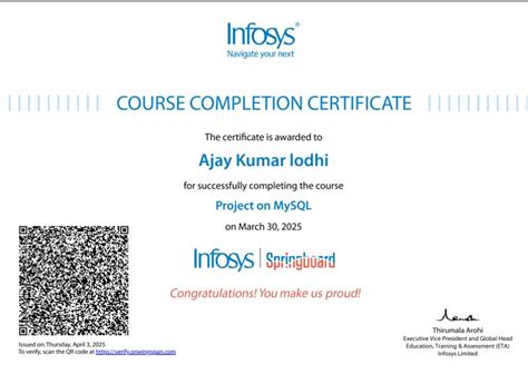 Infosys Springboard Database Mysql Certificate Infosys Mysql Ajay Kumar Lodhi