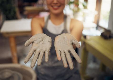 Pottery Messy And Clay Hands Of A Woman At A Workshop For Creative Small Business Art And