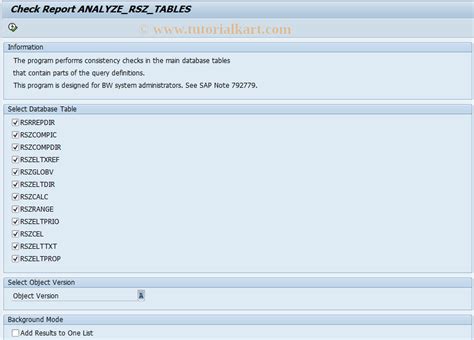 RSZTABLES SAP Tcode Call ANALYZE RSZ TABLES
