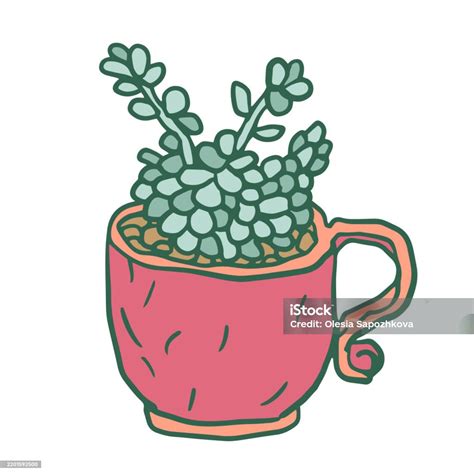흙빛 디테일이 있는 분홍색 컵에 담긴 다육 식물의 유쾌한 그림 스티커 인쇄물 디지털 디자인 장식 및 환경 테마 프로젝트에 이상적입니다 0명에 대한 스톡 벡터 아트 및 기타