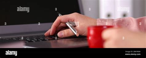 Female Hands Push Buttons On Laptop Keyboard Stock Photo Alamy