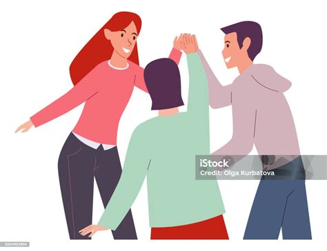 하이 파이브 행복한 사람들 비공식적 인 인사 행복한 친구는 손 성공 제스처 남성과 여성 우정 단결 및 지원 공생 만화 평면 고립 된 벡터 일러스트 레이 션을 때려 뗀다 5