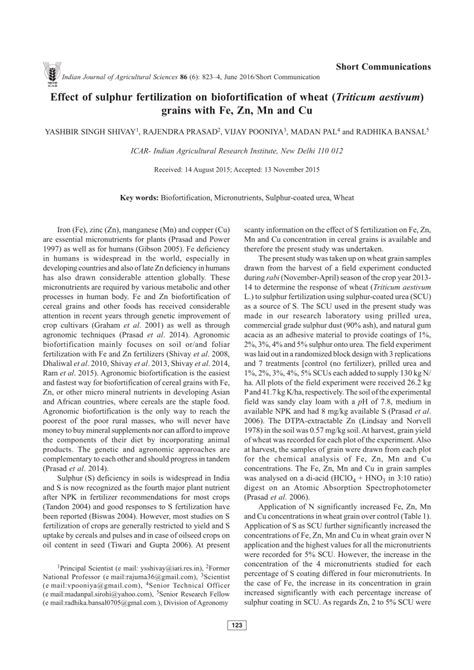 Pdf Effect Of Sulphur Fertilization On Biofortification Of Wheat Triticum Aestivum Grains