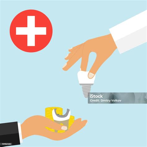 돈을 위해 치아 임 플 란 트를 삽입 합니다 상업적인 의학입니다 사람 손에의 손바닥에는 임 플 란 트 대신 치아와 돈을 보유 하고있다 강철에 대한 스톡 벡터 아트 및 기타