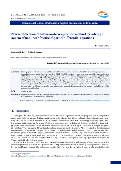 Pdf New Modification Of Adomian Decomposition Method For Solving A System Of Nonlinear