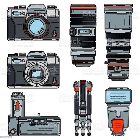 컬러 벡터 아이콘 세트 디지털 사진 작가 전문 장비 사진 예술 사진 파워 뱅크 삼각대 카메라 렌즈 만화 스타일 일러스트 요소 디자인 스냅 샷 사진 스튜디오 렌즈 광학 기기에