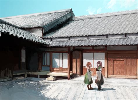 Safebooru 2girls Architecture Ashiyama Yoshinori Black Cat Blue Sky Cat East Asian