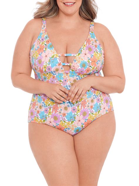 Time And Tru Womens Plus Size V Strappy Front One Piece Swimsuit