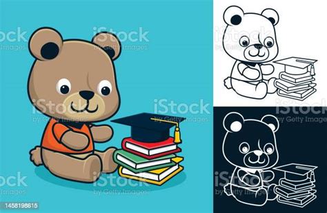 책과 졸업 모자를 쓴 작은 곰 평면 아이콘 스타일의 벡터 만화 그림 개념에 대한 스톡 벡터 아트 및 기타 이미지 개념 곰 공부 Istock