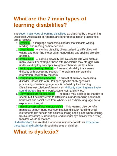 Assignment 1what Are The 7 Main Types Of Learning Disabilities Pdf Learning Disability