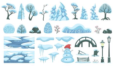 겨울 풍경입니다 스노우 트리 얼음 속의 숲 눈 덮인 얼어붙은 호수 나뭇가지와 소나무 숲이 있는 풍경 공원 다리 거리 등불 강물에 있는 부유물 벡터 랜드스케이프 엘리먼트 세트