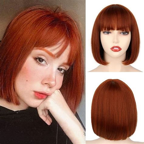 Red Wig Bangs Short Red Bob Wig For Women Auburn Wig Bob With Bangs For