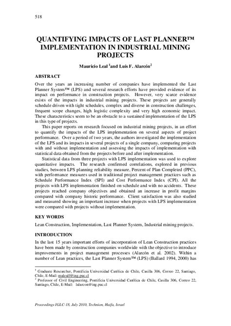 Pdf Quantifying Impacts Of Last Planner™ Implementation In Industrial Mining Projects