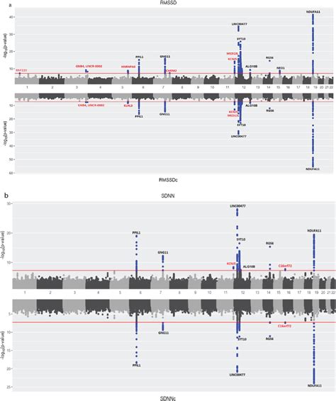 Mirrored Manhattan Plots Of The Gwas Of Hrv Traits A Rmssd And Rmssdc