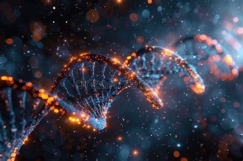 Abstract Digital Rendering Of Dna Double Helix Structure With Glowing Particles And Bokeh Effect