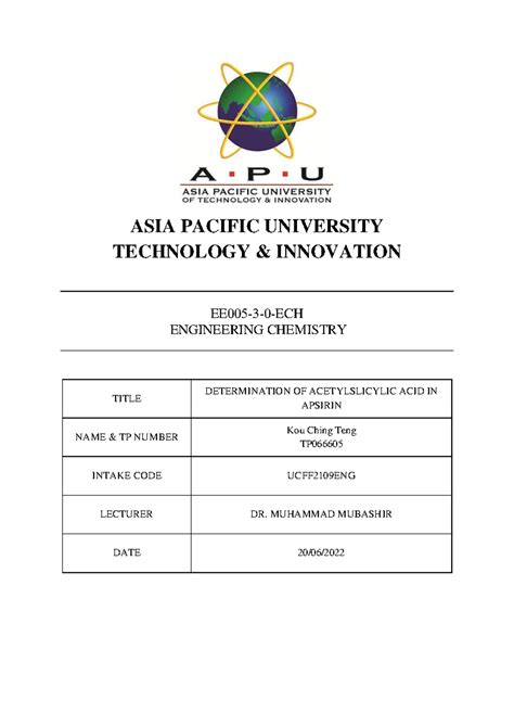 Lab Report Engineering Chemistry ASIA PACIFIC UNIVERSITY TECHNOLOGY INNOVATION EE