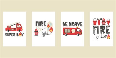 소방관 인쇄 컬렉션 레터링이 있는 소방차 베이비 보이 핸드 그린 포스터 트렌디한 스칸디나비아 유치한 세트 섬유 프린트 및 보육 장식 만화 벡터 고립 일러스트 소방차에 대한