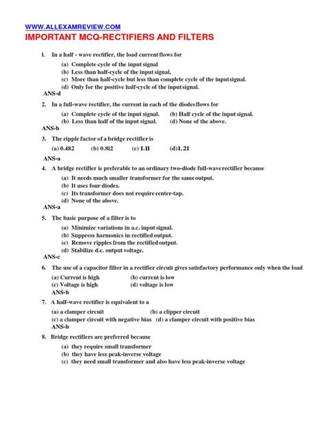 Important Mcq Rectifiers And Filters Pdf Rectifier Computer