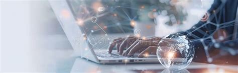 business professional using laptop with digital global network