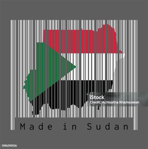 바코드는 어두운 회색 배경에 회색 바코드에 수단 지도 개요 형태와 수단 국기의 색상을 설정합니다 가격에 대한 스톡 벡터 아트 및