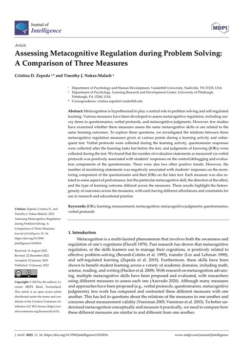 Pdf Assessing Metacognitive Regulation During Problem Solving A Comparison Of Three Measures