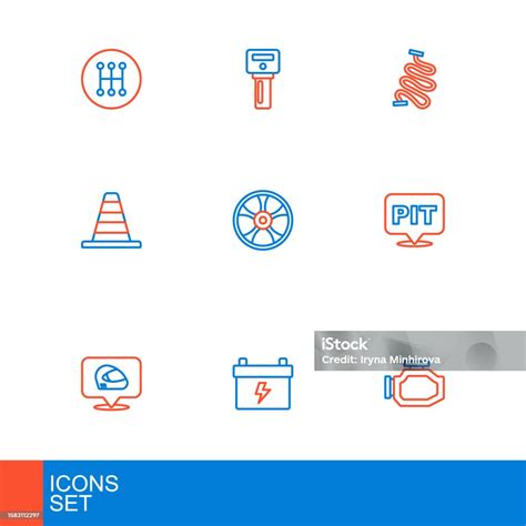 세트 라인 체크 엔진 자동차 배터리 레이싱 헬멧 피트 스톱 트래픽 콘 자동차용 알로이 휠 원격 아이콘이 있는 트랙 및 키 벡터 거리에 대한 스톡 벡터 아트 및 기타 이미지