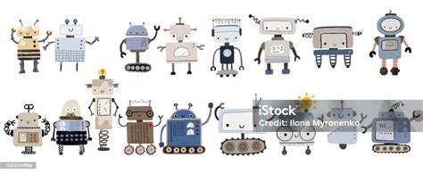 재미있는 만화 색깔의 아이들 로봇의 집합입니다 귀여운 사이보그 복고풍 안드로이드 흰색 배경에 격리된 평면 그림에서 웃는 캐릭터 귀여운 유치한 그림 스티커 인쇄 바퀴에 대한