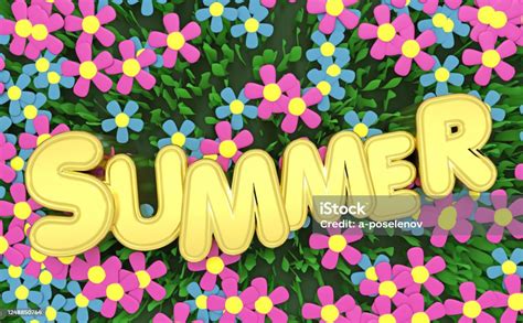 꽃이 있는 밝은 풀이 우거진 배경에 황금 단어 여름 3d 일러스트레이션 0명에 대한 스톡 사진 및 기타 이미지 0명 금색