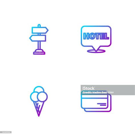 세트 라인 신용 카드 와플 콘의 아이스크림 도로 교통 표지판 및 위치 호텔 그라데이션 색상 아이콘입니다 벡터 0명에 대한 스톡 벡터 아트 및 기타 이미지 Istock