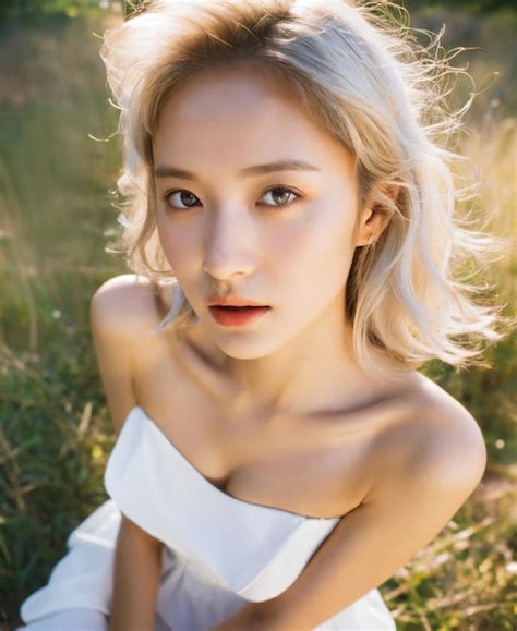 Premium Photo A Woman In A White Dress Posing In The Grass With Her