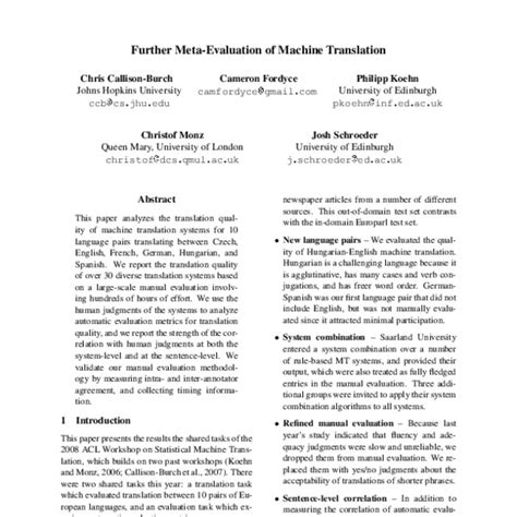 Further Meta Evaluation Of Machine Translation Acl Anthology