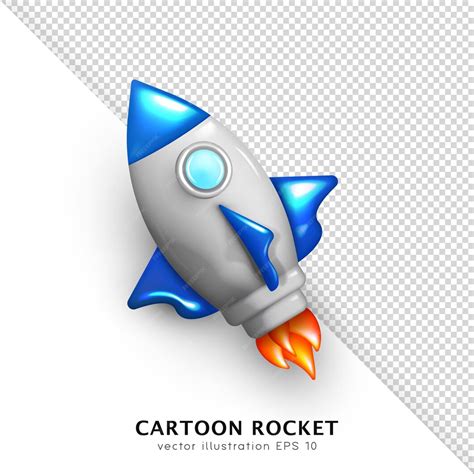 터빈에서 불이 붙은 3d 만화 광택 로켓 현실적인 3차원 우주선 발사 프리미엄 벡터
