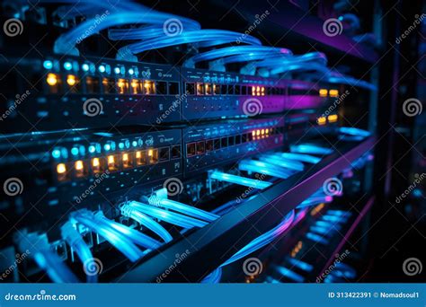 LAN Network Switches With Blinking Lights Indicating Data Transfer Generative AI Stock Image