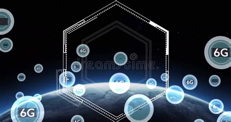 image of hexagonal scanner frame and 6g icons over globe rotating in