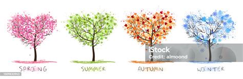 봄 여름 가을 겨울의 계절을 대표하는 네 가지 양식에 일치시키는 나무 벡터 사계절에 대한 스톡 벡터 아트 및 기타 이미지