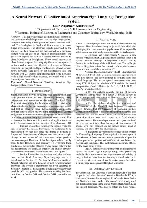 Pdf A Neural Network Classifier Based American Sign Language Recognition System