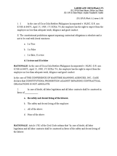 labor law mcqs week 1 17 pdf employment labour law