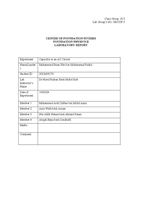 Lab Report Capacitor In AC Circuit Class Group S Lab Groups No GROUP 3 CENTRE OF FOUNDATION
