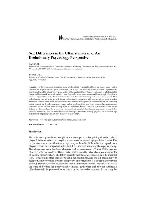 PDF Sex Differences In The Ultimatum Game An Evolutionary Psychology Perspective