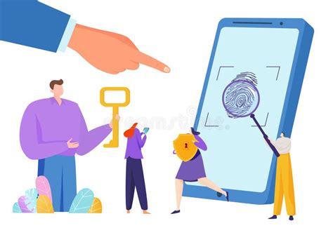Three People Interacting With A Giant Smartphone Displaying A Fingerprint Scan Key Shield And
