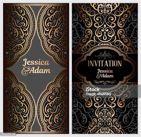 블랙과 골드 럭셔리 웨딩 초대장 황금 빛 이스턴과 바로크 양식의 풍부한 단풍 당신의 디자인에 대한 화려한 이슬람 배경 이슬람 아랍어 인도 두바이 0명에 대한 스톡 벡터 아트
