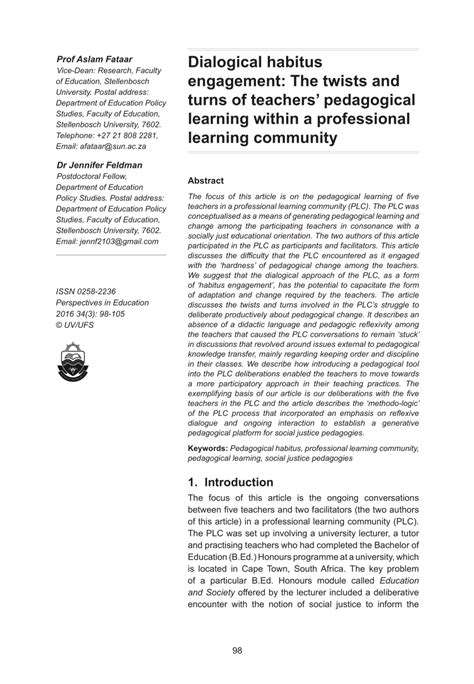 Pdf Dialogical Habitus Engagement The Twists And Turns Of Teachers Pedagogical Learning