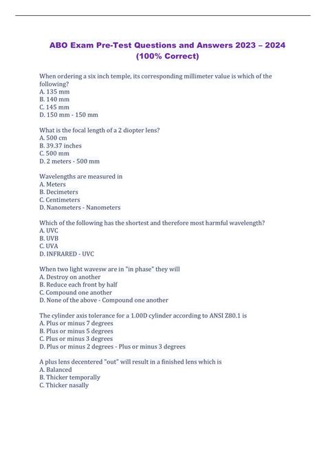 Abo Exam Pre Test Questions And Answers 2023 2024 100 Correct Abo Stuvia Us